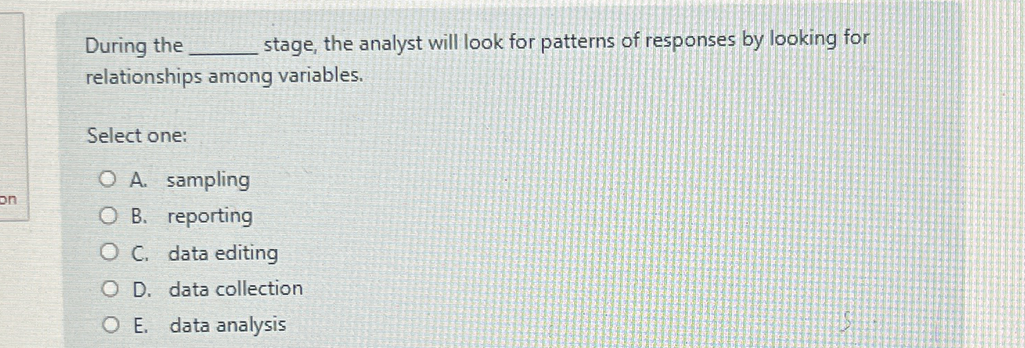 Solved During thestage, the analyst will look for patterns | Chegg.com