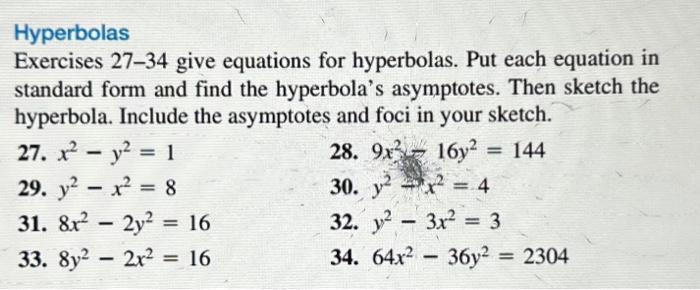 Solved Hyperbolas Exercises 27-34 give equations for | Chegg.com