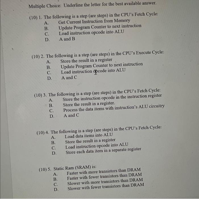 Solved Multiple Choice: Underline the letter for the best | Chegg.com