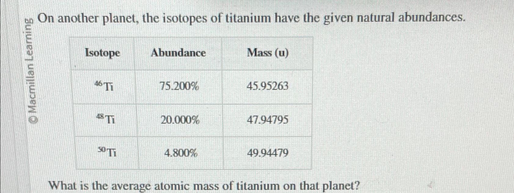 Solved \table[[Isotope,Abundance,Mass | Chegg.com
