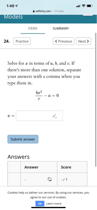 Solved 1:464 edfinity.com --- Private Models ITEMS SUMMARY | Chegg.com