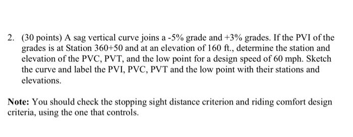 Solved 2. (30 points) A sag vertical curve joins a −5% grade | Chegg.com
