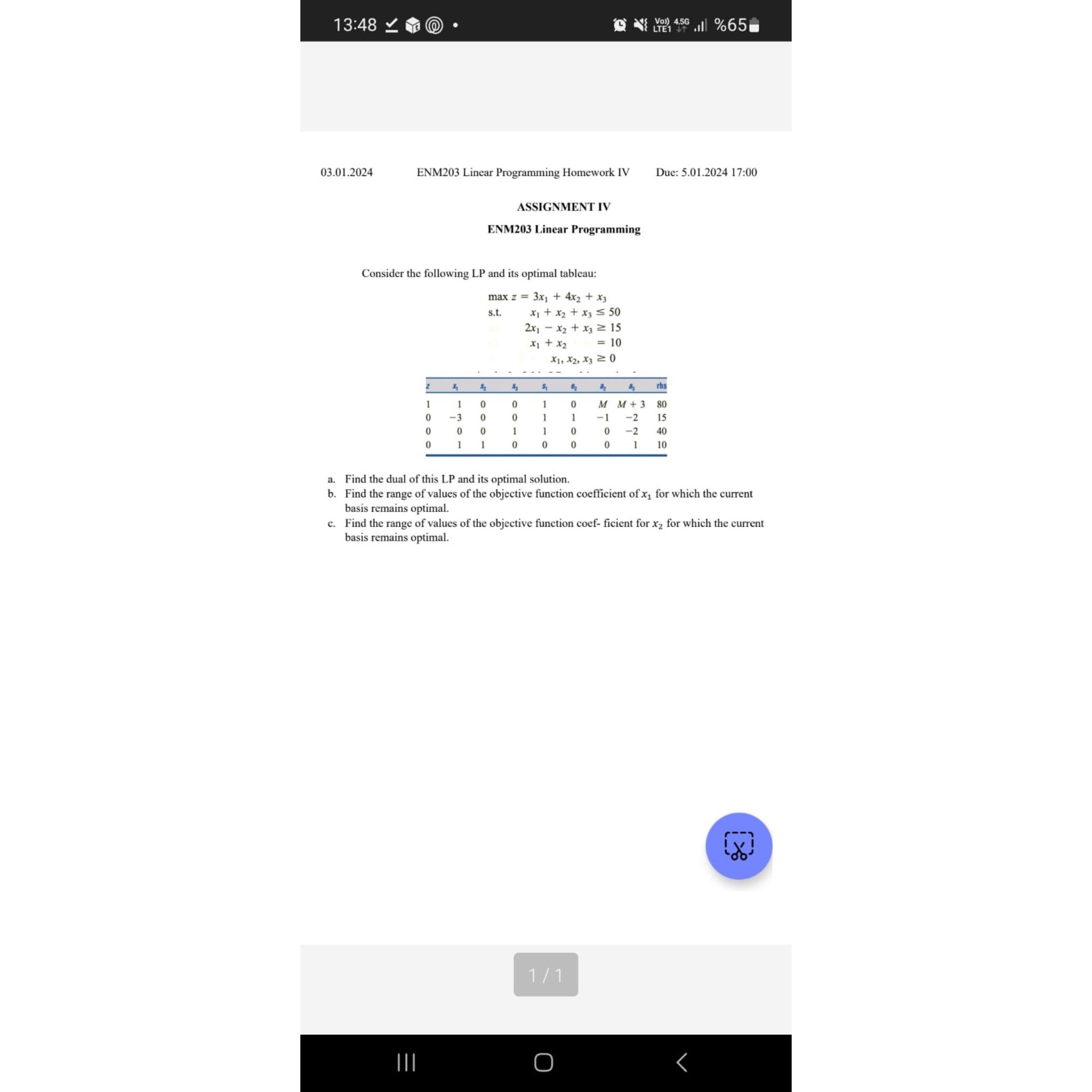 Solved 13:48 ≃ ﻿@ *03.01.2024ENM203 ﻿Linear Programming | Chegg.com