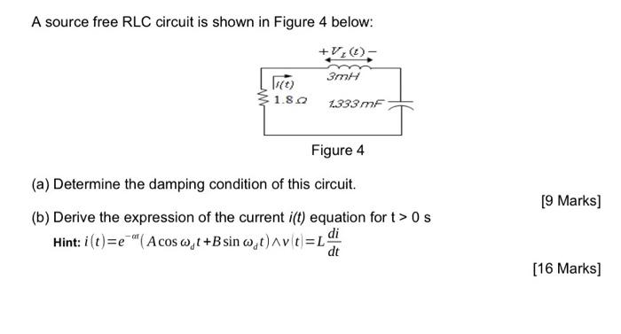 Solved A source free RLC circuit is shown in Figure 4 below: | Chegg.com
