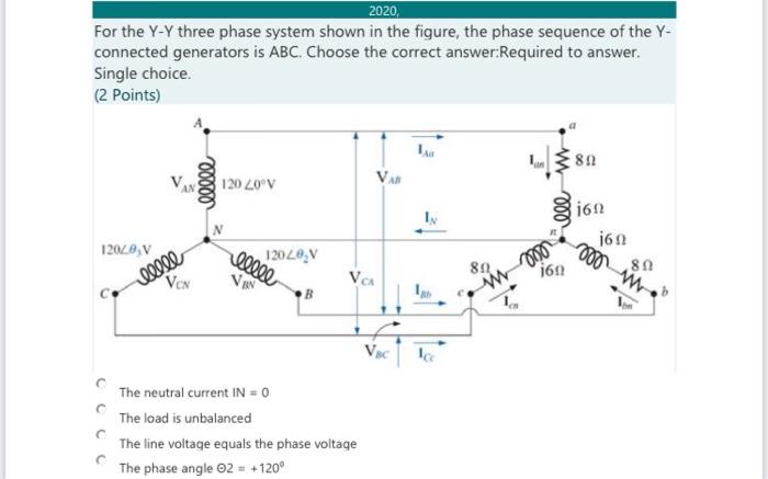 Solved 2020 For the Y-Y three phase system shown in the | Chegg.com