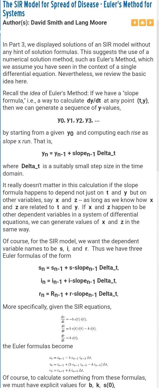 Solved The SIR Model for Spread of Disease - Euler's Method | Chegg.com