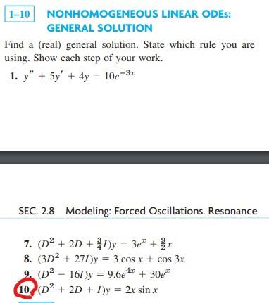 Solved 1-10 NONHOMOGENEOUS LINEAR ODES: GENERAL SOLUTION | Chegg.com