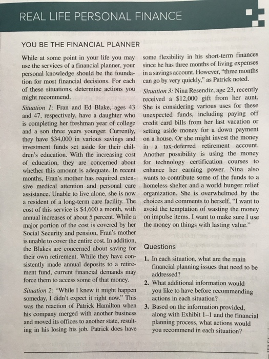 Solved REAL LIFE PERSONAL FINANCE YOU BE THE FINANCIAL | Chegg.com