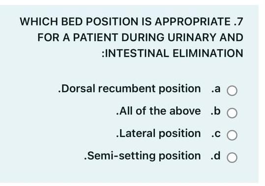 Solved WHICH BED POSITION IS APPROPRIATE . 7 ﻿FOR A PATIENT | Chegg.com