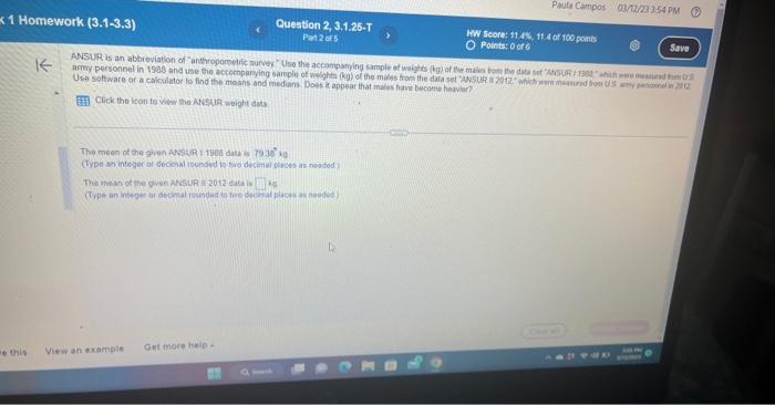 the mean of the given ANSUR II 2012 data is ____ kg. | Chegg.com