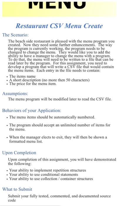 Restaurant CSV Меnu Create The Scenario: The beach | Chegg.com