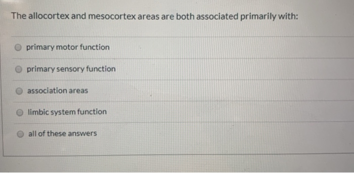 Solved The allocortex and mesocortex areas are both | Chegg.com