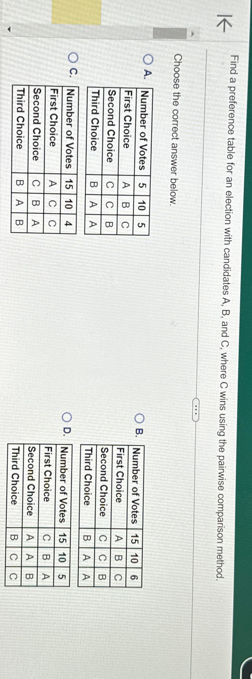 Solved Find a preference table for an election with | Chegg.com