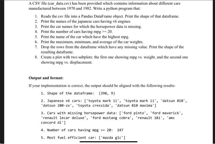 Solved A CSV file (car_data.csv) has been provided which | Chegg.com