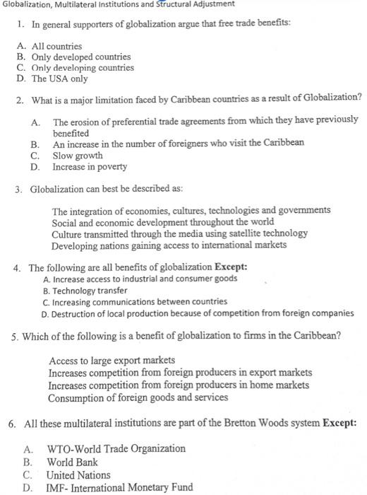 Solved Globalization, Multilateral Institutions and | Chegg.com