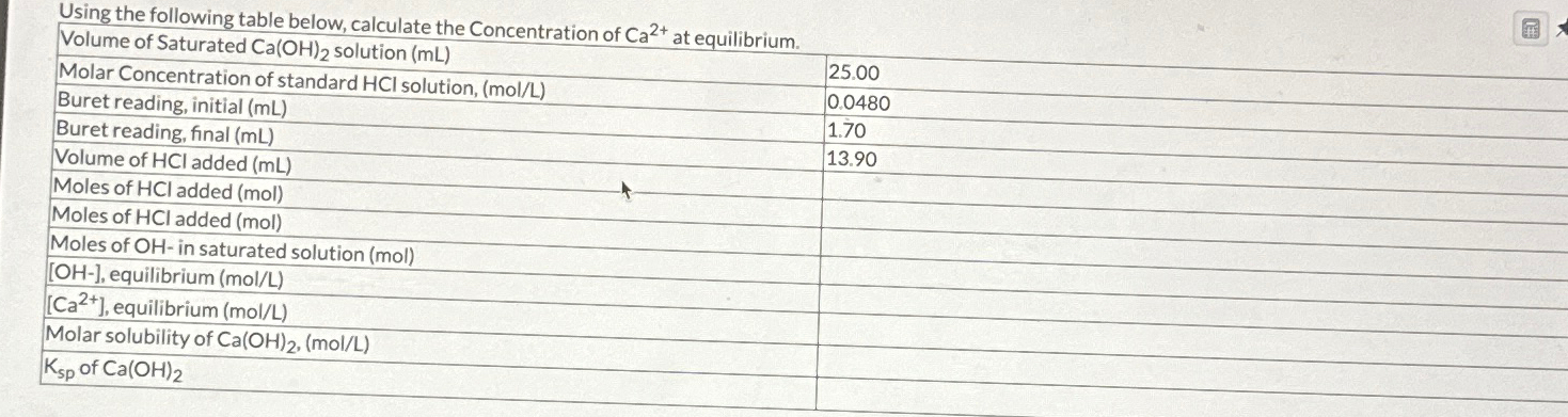 Solved Using the following table below, calculate the | Chegg.com