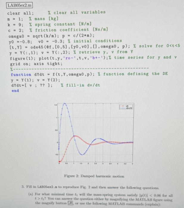 Solved LAB05ex2.m Figure 2: Damped harmonic motion 3. Fill | Chegg.com