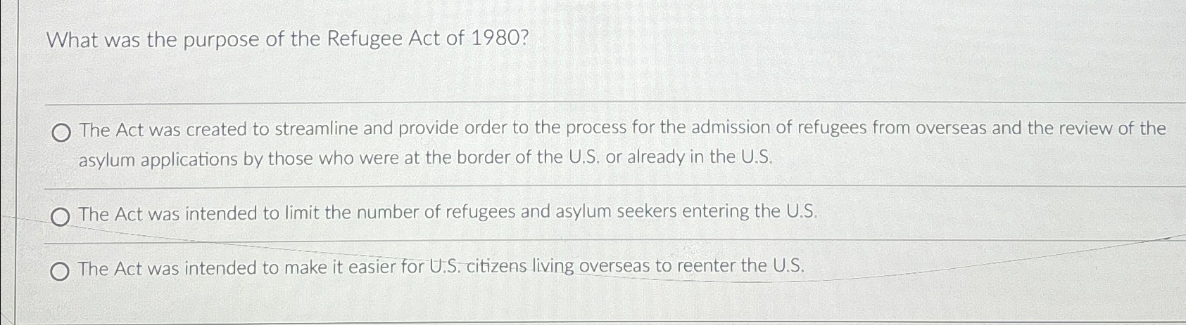 Solved What was the purpose of the Refugee Act of 1980?The | Chegg.com