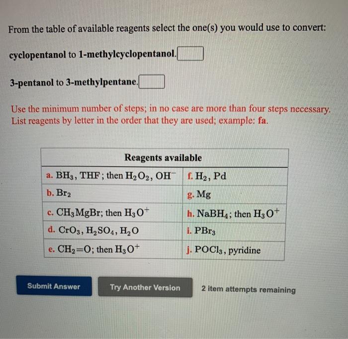 Solved From the table of available reagents select the | Chegg.com