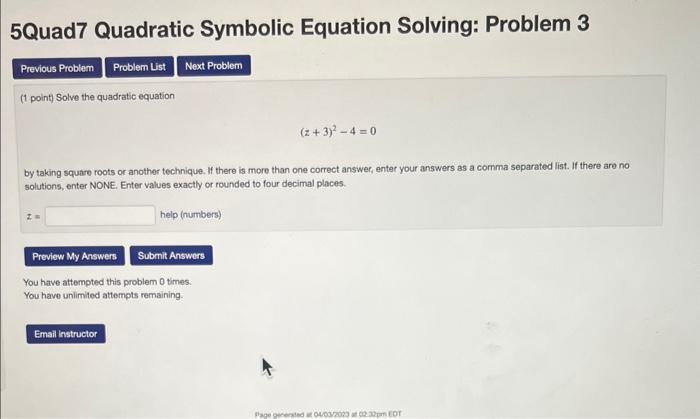Solved Qquad7 Quadratic Symbolic Equation Solving: Problem 3 | Chegg.com