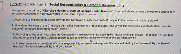 Core Objective Journal: Social Responsibility & | Chegg.com