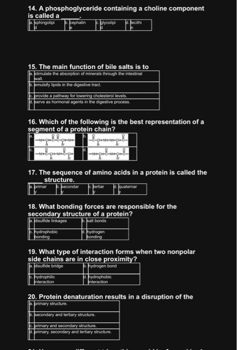 Solved 14. A phosphoglyceride containing a choline component | Chegg.com