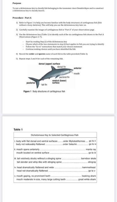 Purpose To we a dichotomeus key to dassify fish | Chegg.com