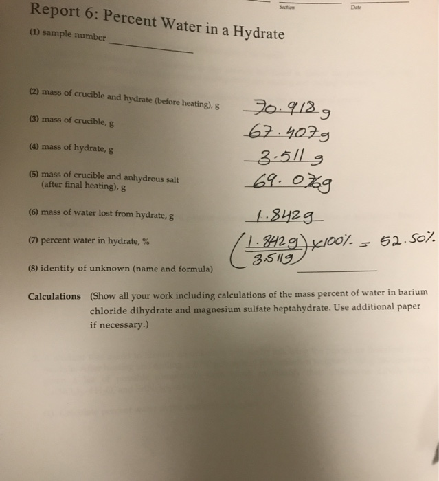 Solved Date Section Report 6: Percent Water in a Hydrate (1) | Chegg.com