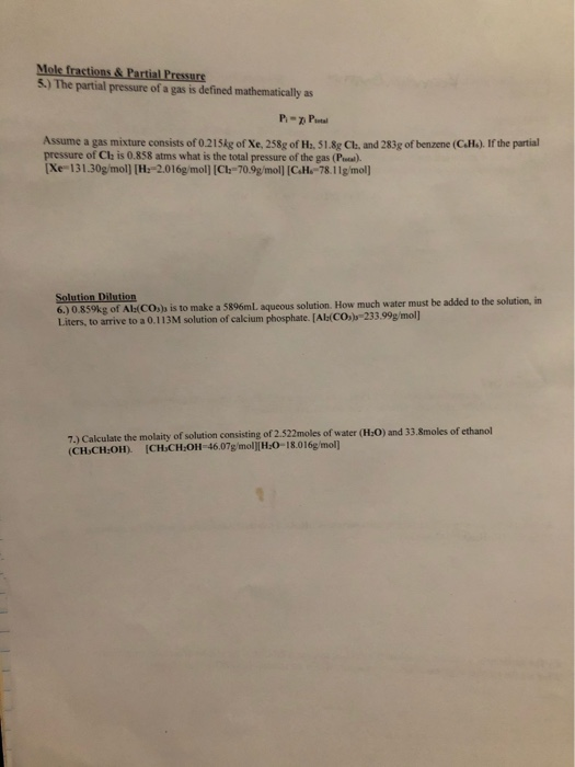 Solved Mole fractions & Partial Pressure 5.) The partial | Chegg.com