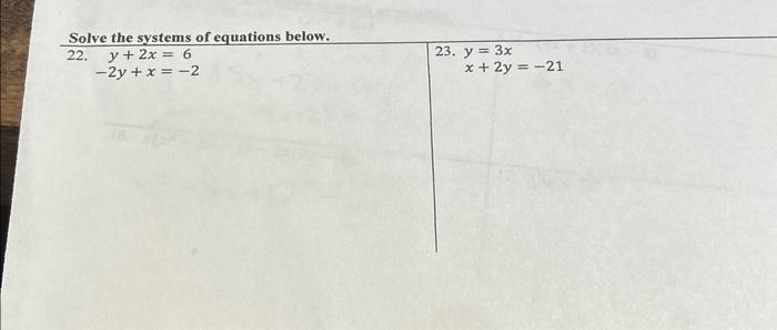 Solved Solve the systems of equations below. 22. y+2x=6 | Chegg.com