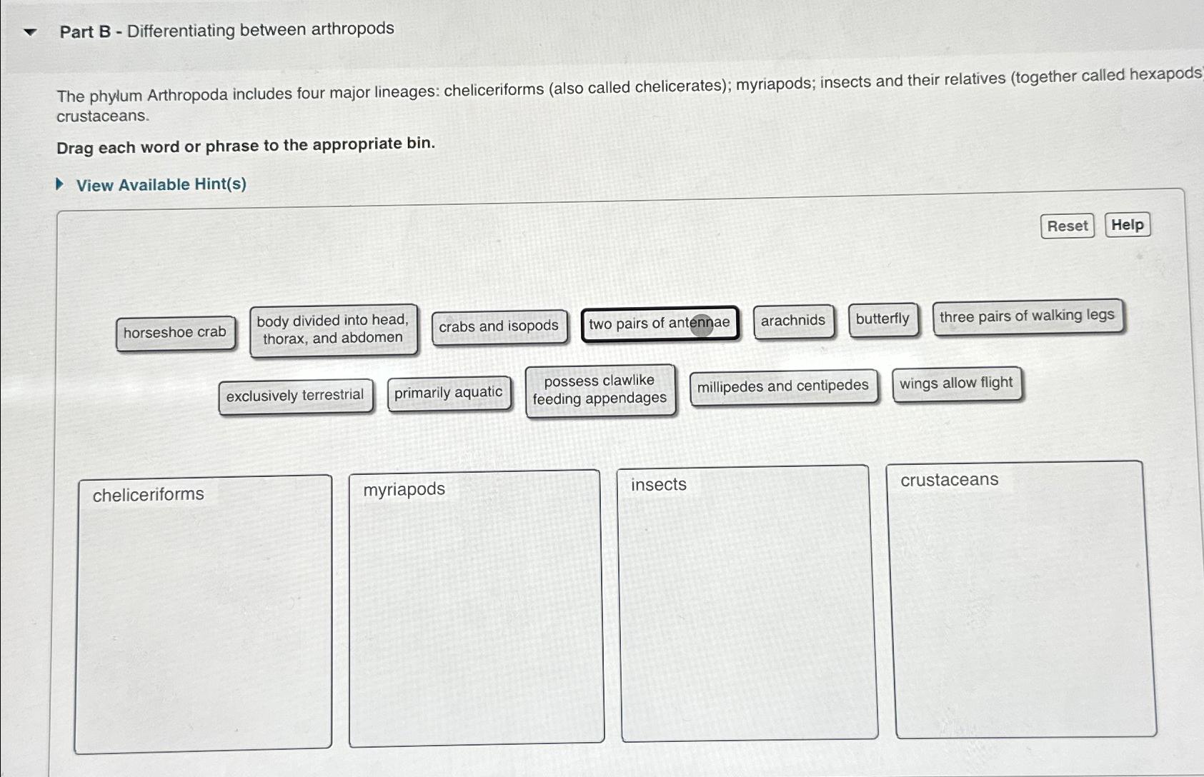 Solved Part B - ﻿Differentiating between arthropodsThe | Chegg.com