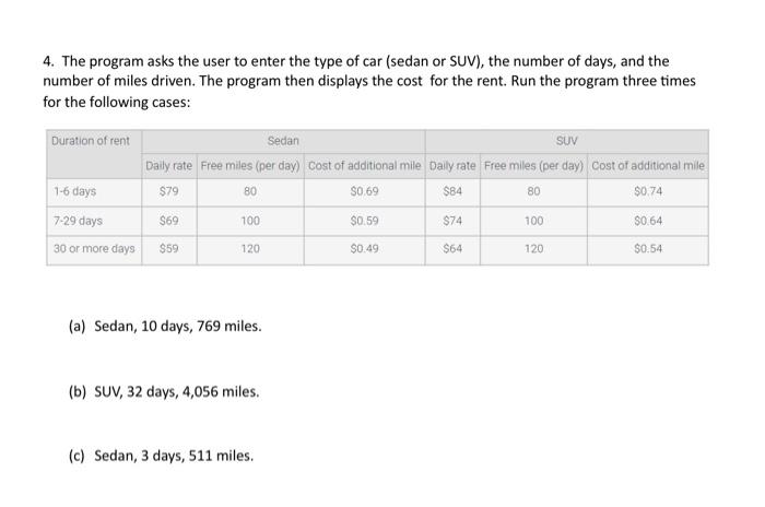 4. The program asks the user to enter the type of car | Chegg.com