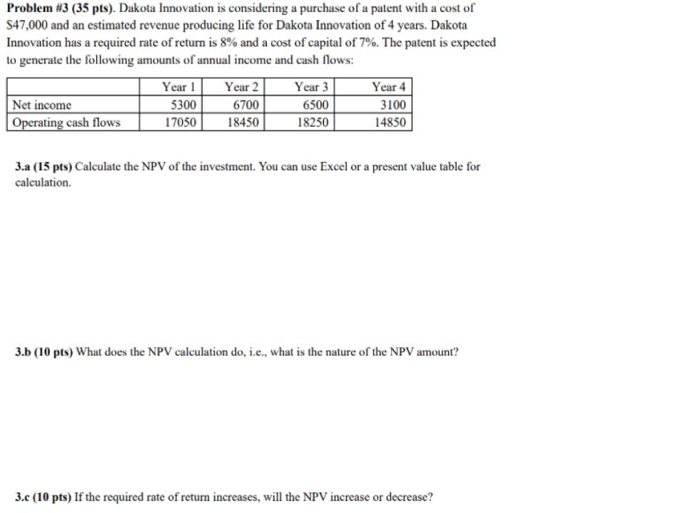 Solved Problem \#3 ( 35 ﻿pts ). ﻿Dakota Innovation is | Chegg.com