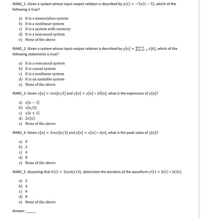 Solved IRA\#2_1. Given a system whose input-output relation | Chegg.com