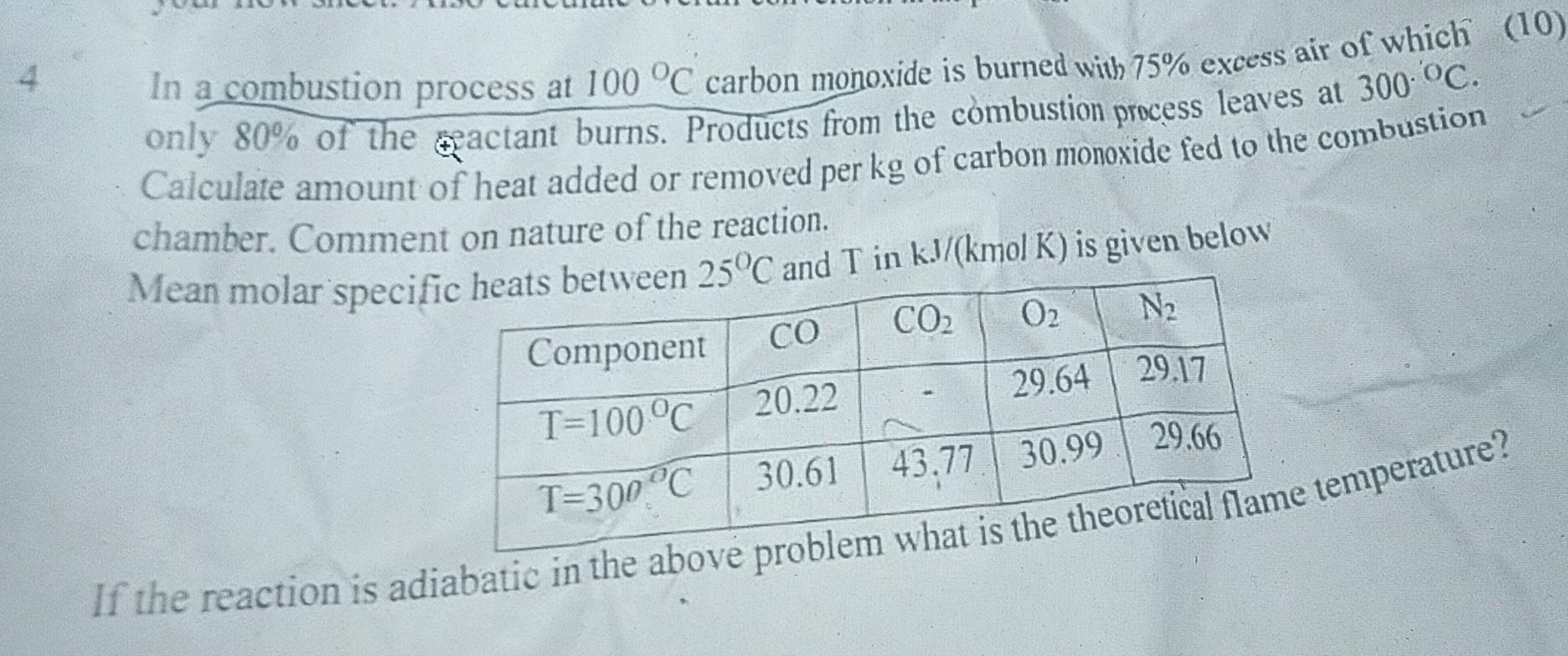 Solved 4 In a combustion process at 100∘C carbon monoxide is | Chegg.com