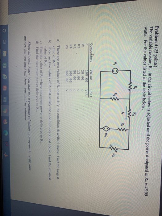 Solved Problem 4 (25 points) The variable resistor, Ro, in | Chegg.com