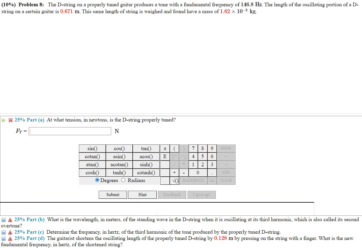 Solved (10%) ﻿Problem 8: The D-string on a properly tuned | Chegg.com