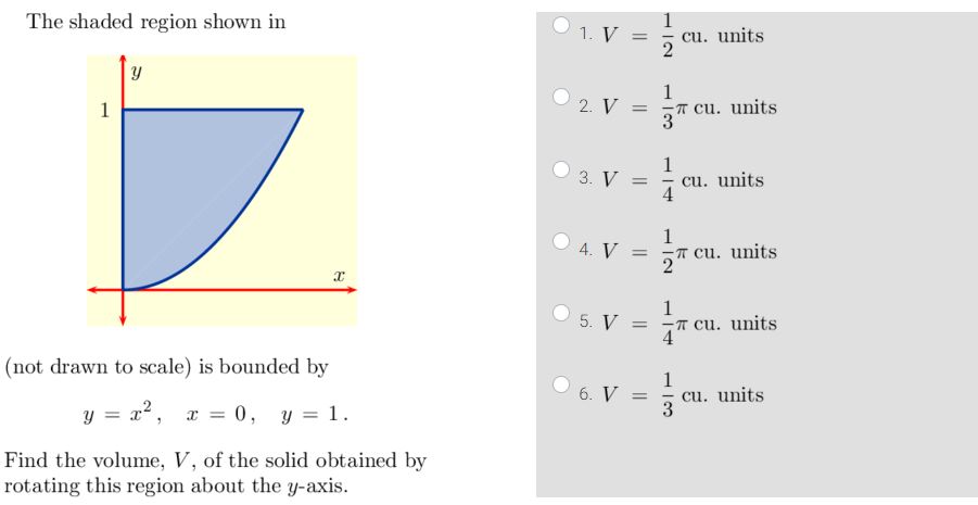 Solved V=12 ﻿cu. ﻿unitsV=13π ﻿cu. ﻿unitsV=14 ﻿cu. | Chegg.com