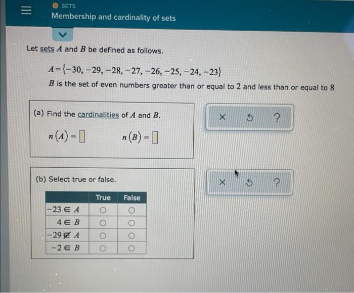 Solved = SETS Membership and cardinality of sets Let sets A | Chegg.com