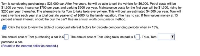 Solved Tom is considering purchasing a $23,000 car. After | Chegg.com