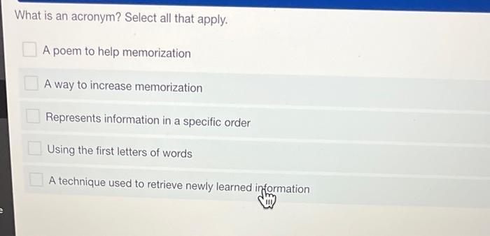Solved What is an acronym? Select all that apply. A poem to | Chegg.com
