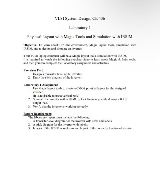 VLSI System Design, CE 436 Laboratory 1 Physical | Chegg.com