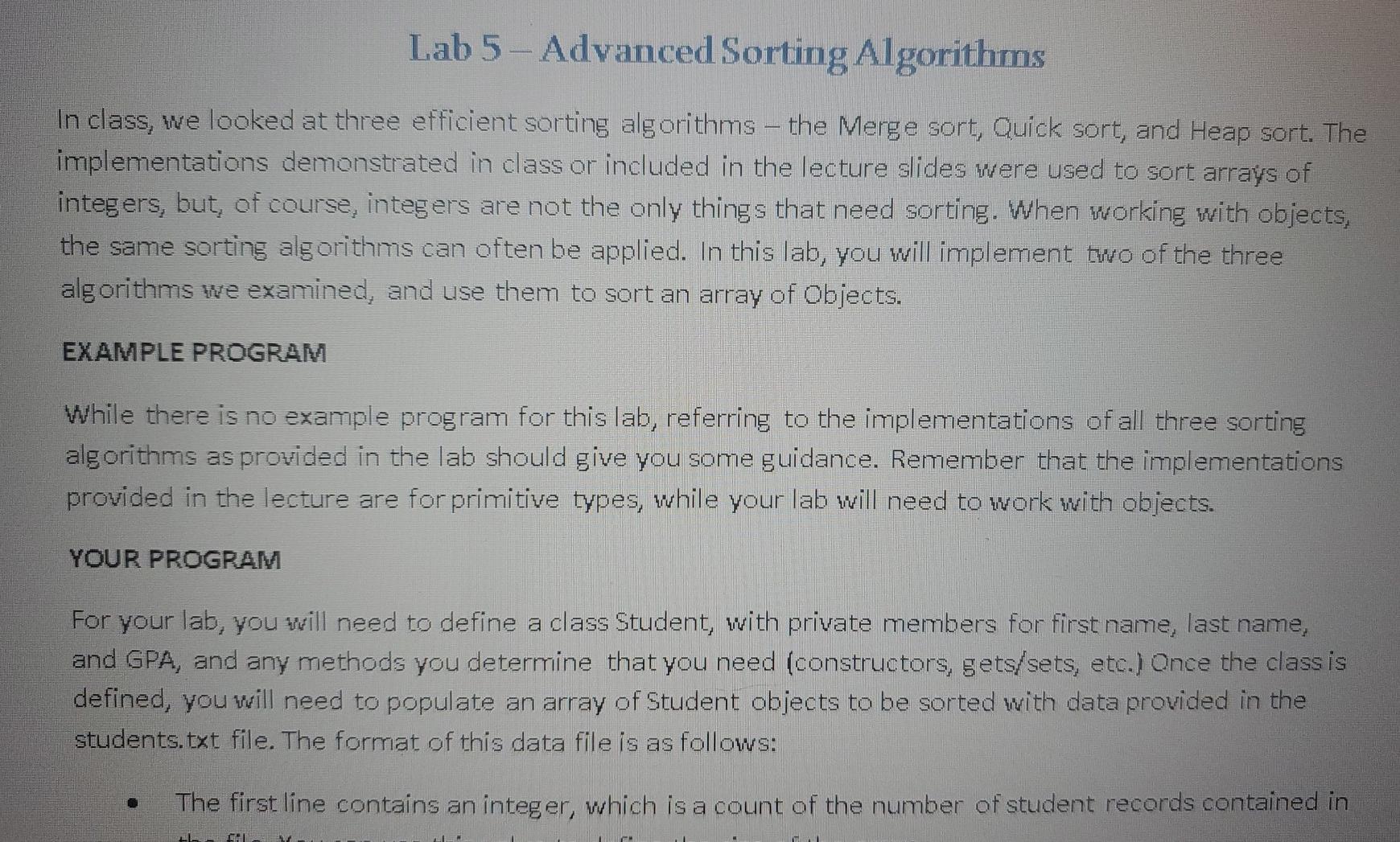 Solved Lab 5 Advanced Sorting Algorithms In Class We