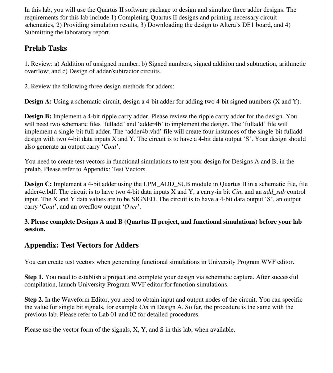 In this lab, you will use the Quartus II software | Chegg.com