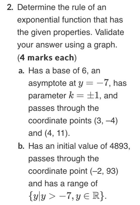 Solved - 2. Determine the rule of an exponential function | Chegg.com