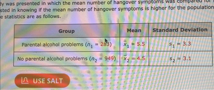 Solved was presented in which the mean number of hangover s | Chegg.com