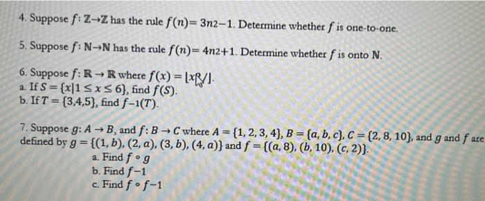 Solved 4. Suppose f:Z→Z has the rule f(n)=3n2−1. Determine | Chegg.com