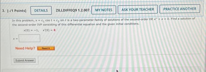 Solved In this problem, x=c1cost+c2sint is a two-parameter | Chegg.com