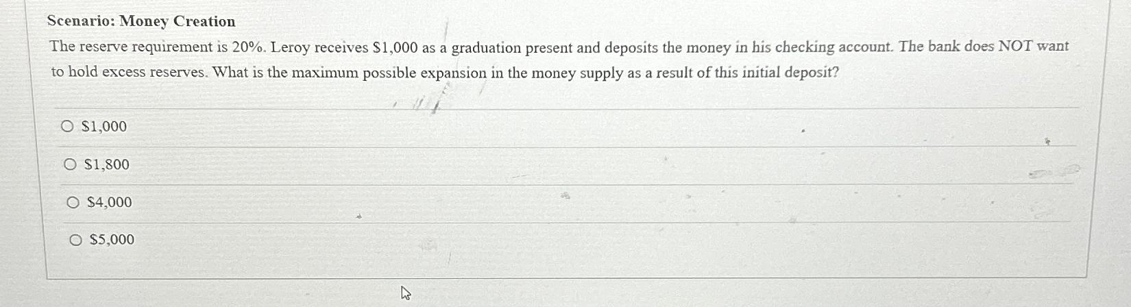 Solved Scenario: Money CreationThe reserve requirement is | Chegg.com