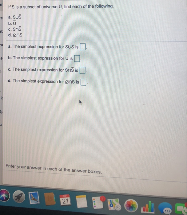 Solved m If S is a subset of universe U, find each of the | Chegg.com